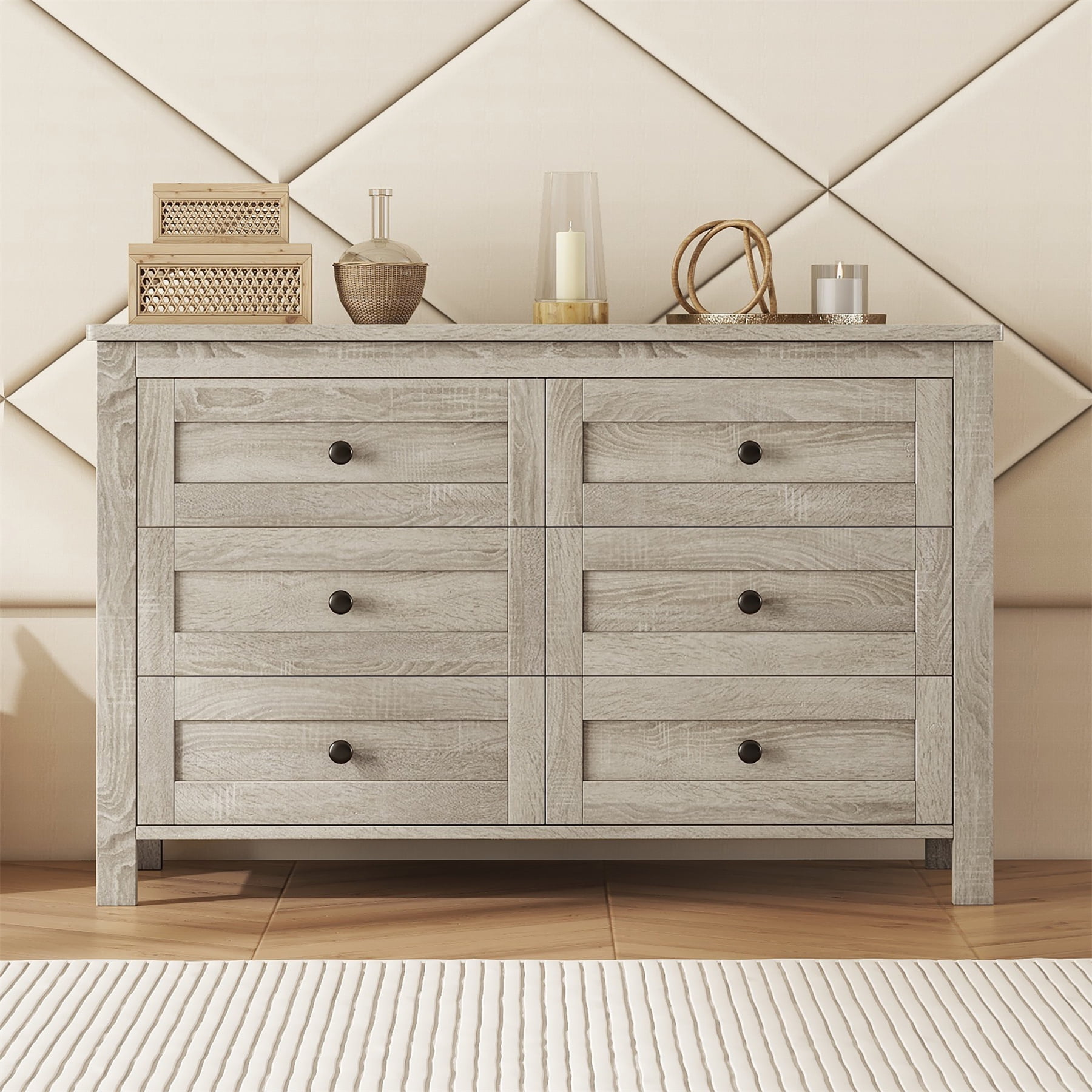 Retro Farmhouse Style Wooden 6 Drawer Double Dresser Storage Cabinet ...