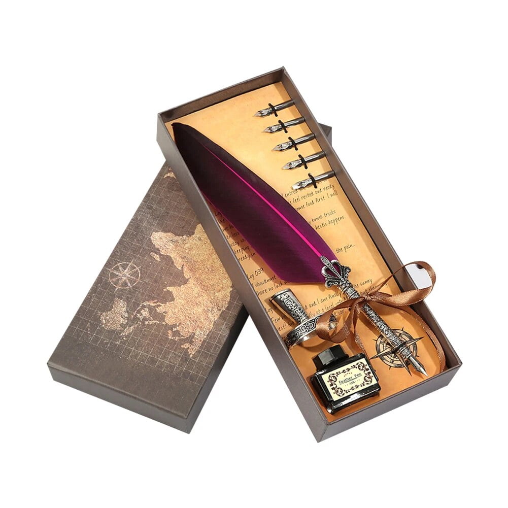Retro Feather Dip Fountain Pen Vintage Calligraphy Writing Ink Pen Sets ...