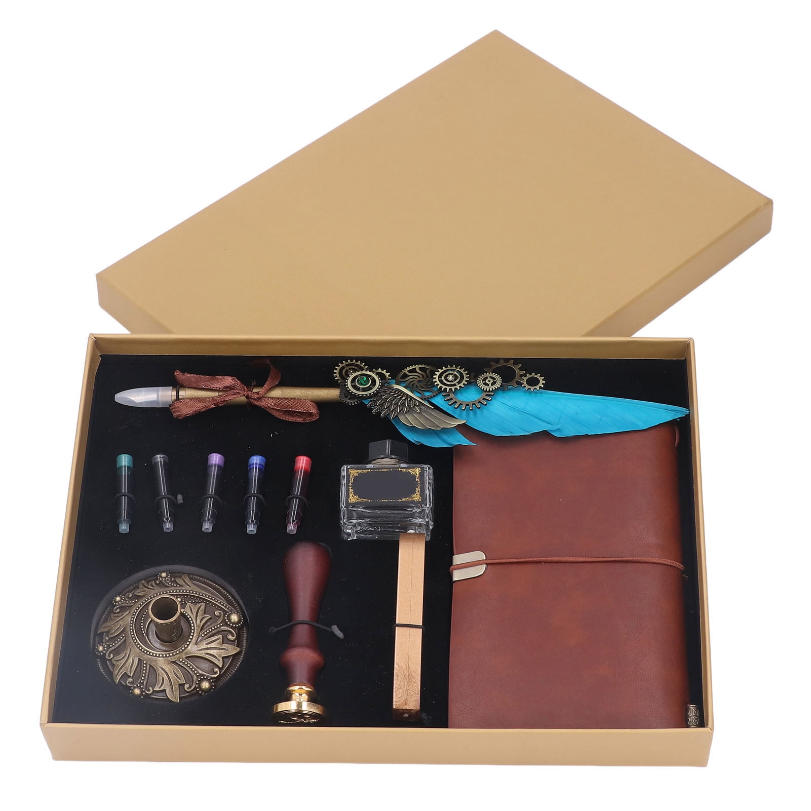 Retro Feather Pen Set, Blue Quill Pen Kit with Empty Ink Bottle, Wax ...