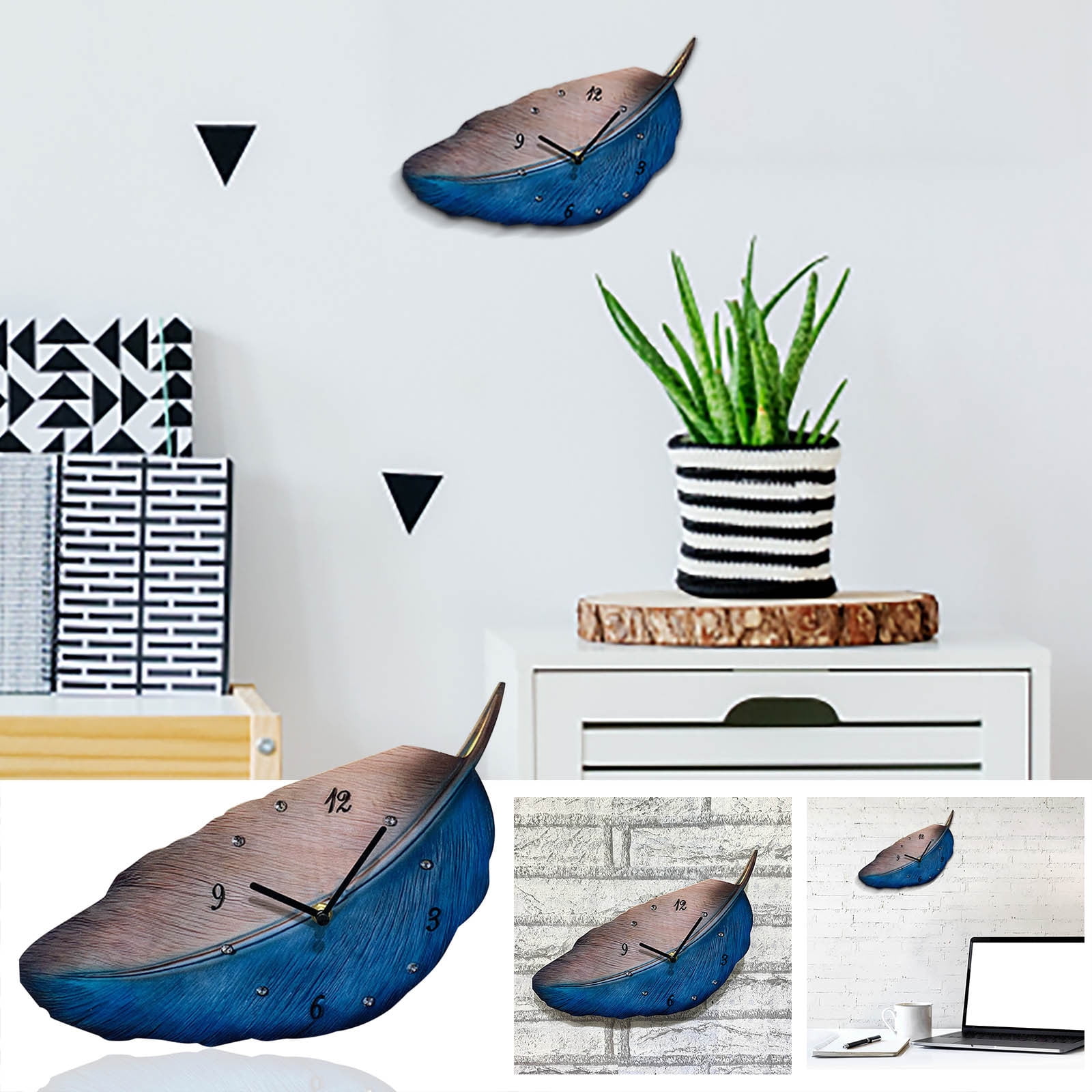 Retro Feather Wooden Leaves Wall Clock | Silent Non-Ticking Analog Home ...