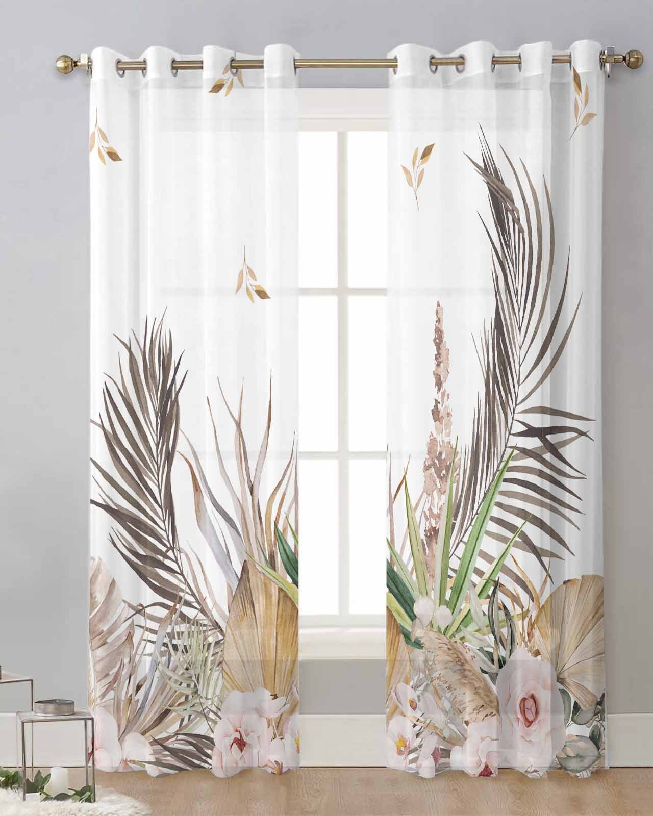 Retro Fern Plant Palm Leaf Flower Watercolor Tulle Drapes Living Room ...