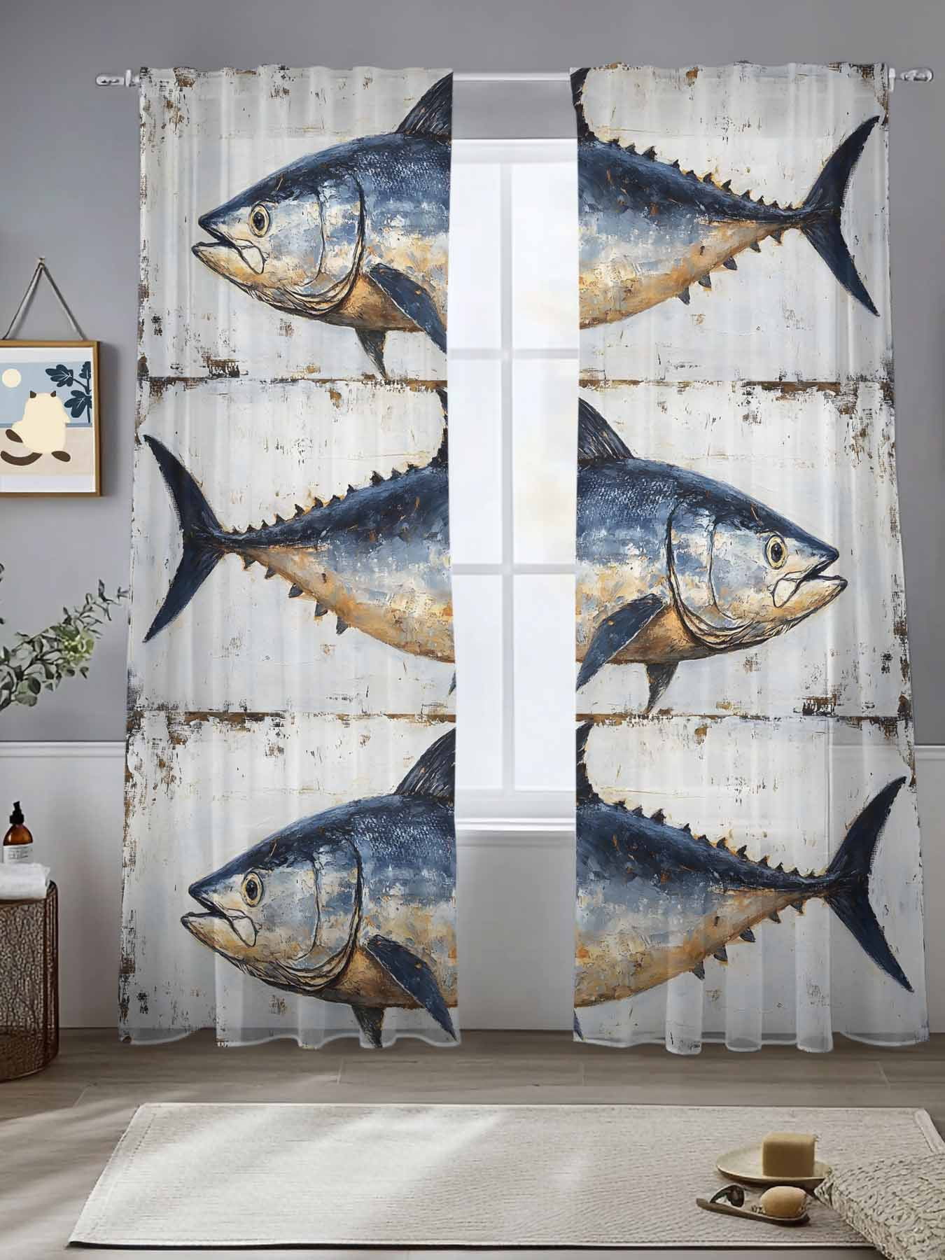 Retro Fish Coastal Sheer Curtains for Living Room Bedroom Summer Beach ...