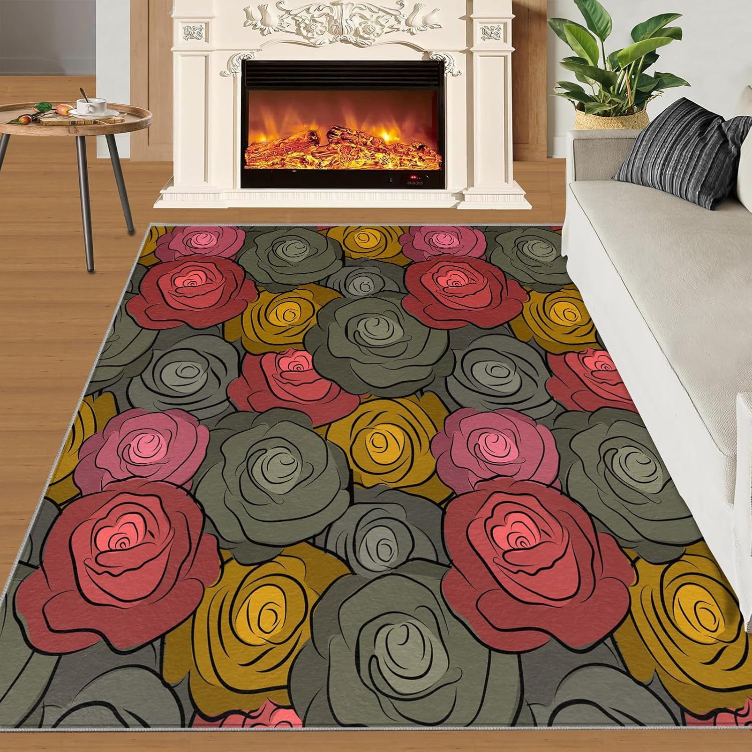 Retro Floral Area Rug - Colorful Rose Flower Rug For Bedroom Cartoon ...