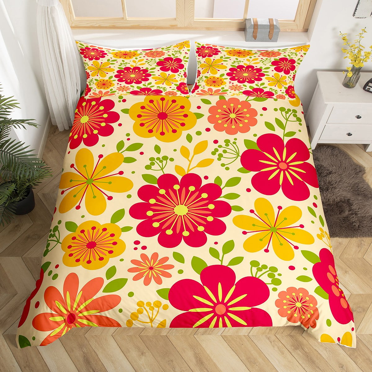 Retro Floral Bedding Set Queen Size,Funky 1960S 1970S Groovy Flower ...