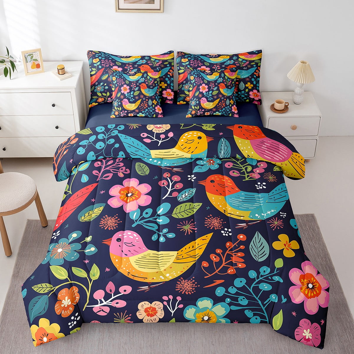 Retro Floral Bird 7 Pcs Comforter Set Full Size,Vintage Flower Bedding ...