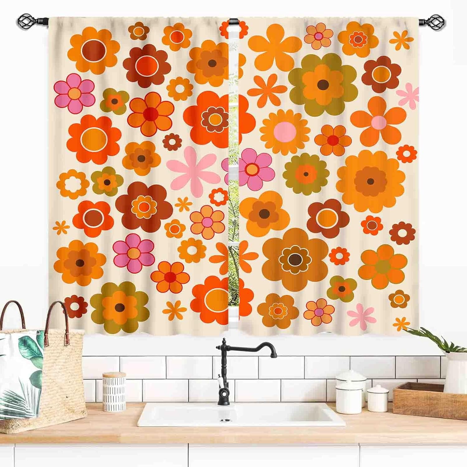 Retro Floral Curtains, Retro 70s Groovy Funky Hippie Cute Boho Orange ...