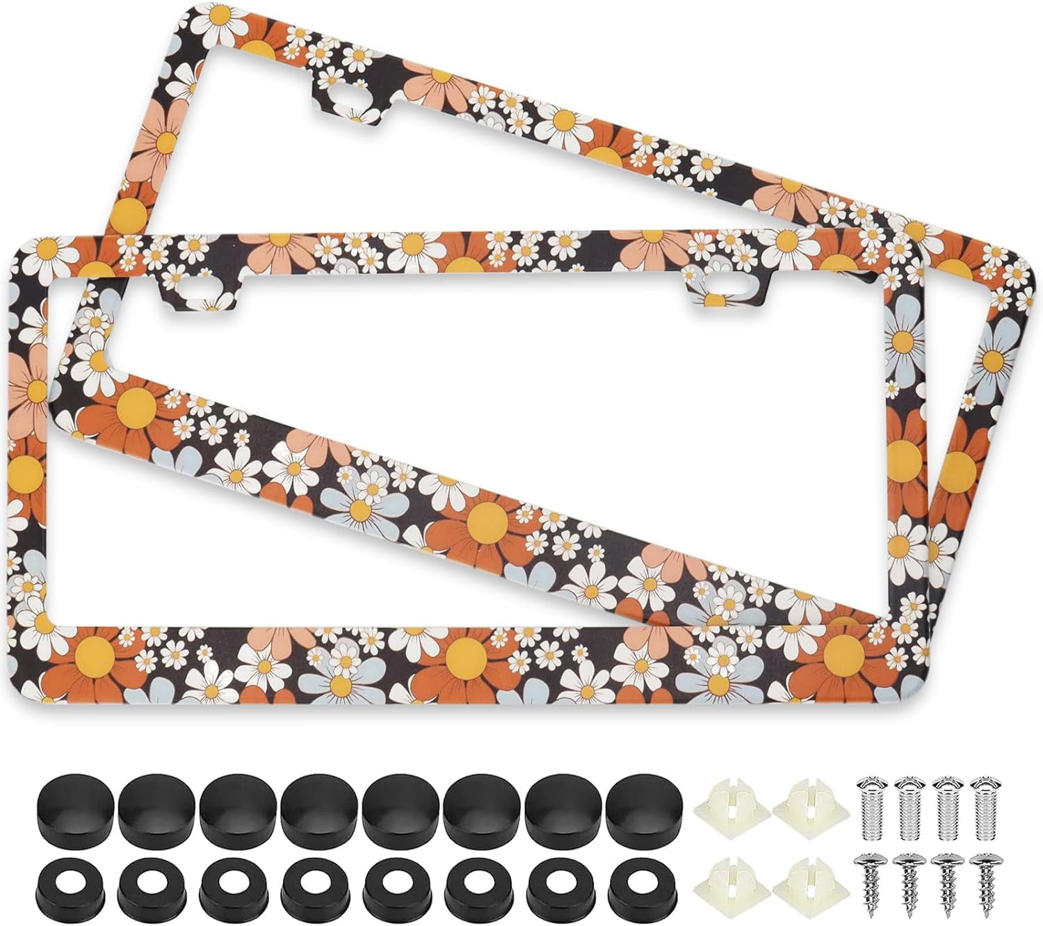 Retro Floral Daisy License Plate Frames Black, 2 Pack Colorful Flowers ...