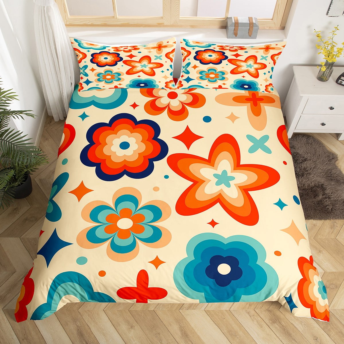 Retro Floral Duvet Cover King Size,Colorful Groovy Flower Comforter ...
