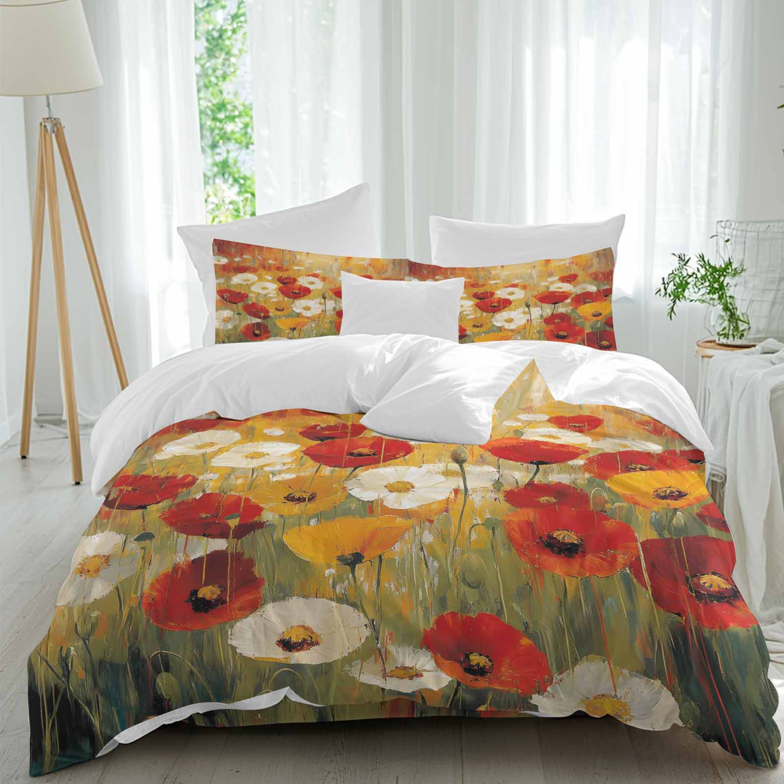 Retro Floral Duvet Cover Set Queen Size Red White Yellow Poppy Flowers ...