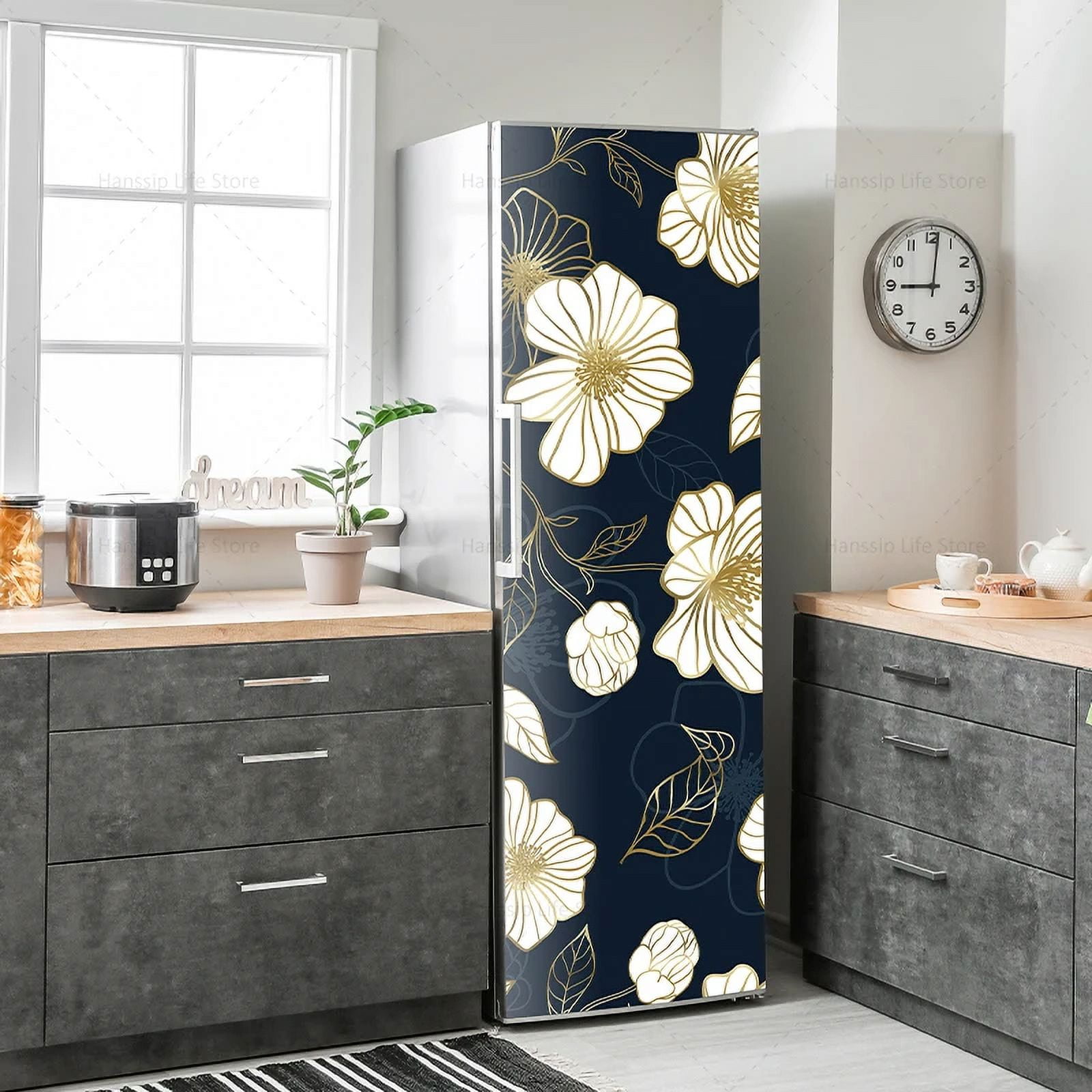Retro Floral Fridge Door Cover Mural Waterproof PVC Flower Leaf ...