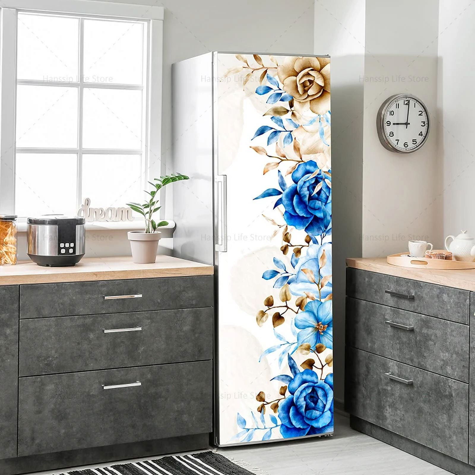 Retro Floral Fridge Door Cover Mural Waterproof PVC Flower Leaf ...