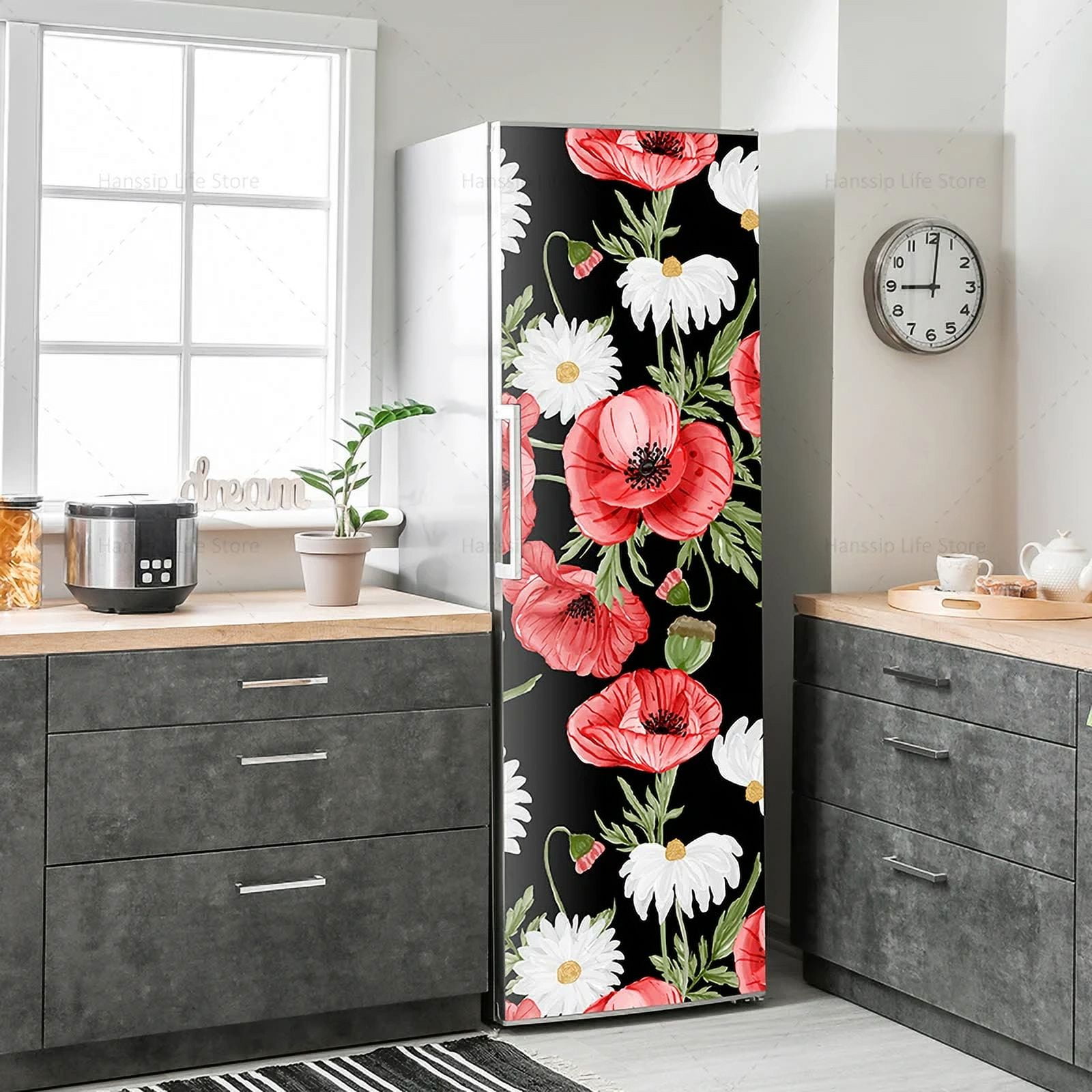 Retro Floral Fridge Door Cover Mural Waterproof PVC Flower Leaf ...