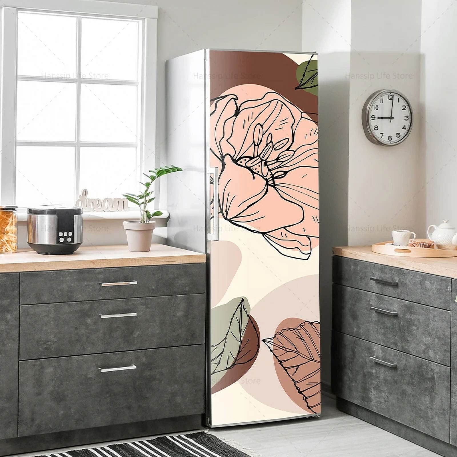 Retro Floral Fridge Door Cover Mural Waterproof PVC Flower Leaf ...