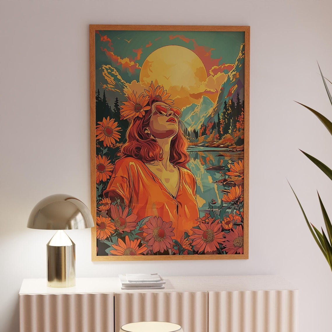Retro Floral Landscape Hippie Wall Art, Hippie Girl 70S Poster, 70S ...