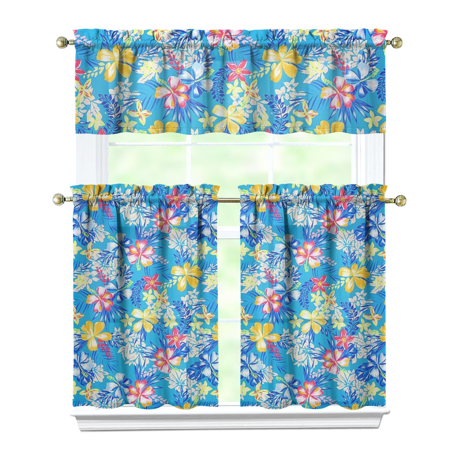 Retro Floral Print Kitchen Curtains Set with Valance and Tier Panels ...