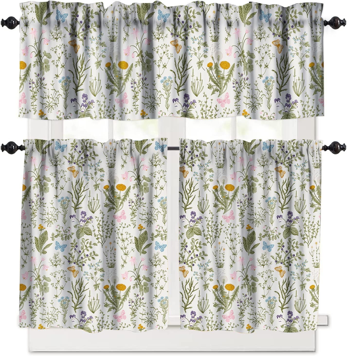 Retro Floral Print Window Curtains Valance,Green Plants Farmhouse ...