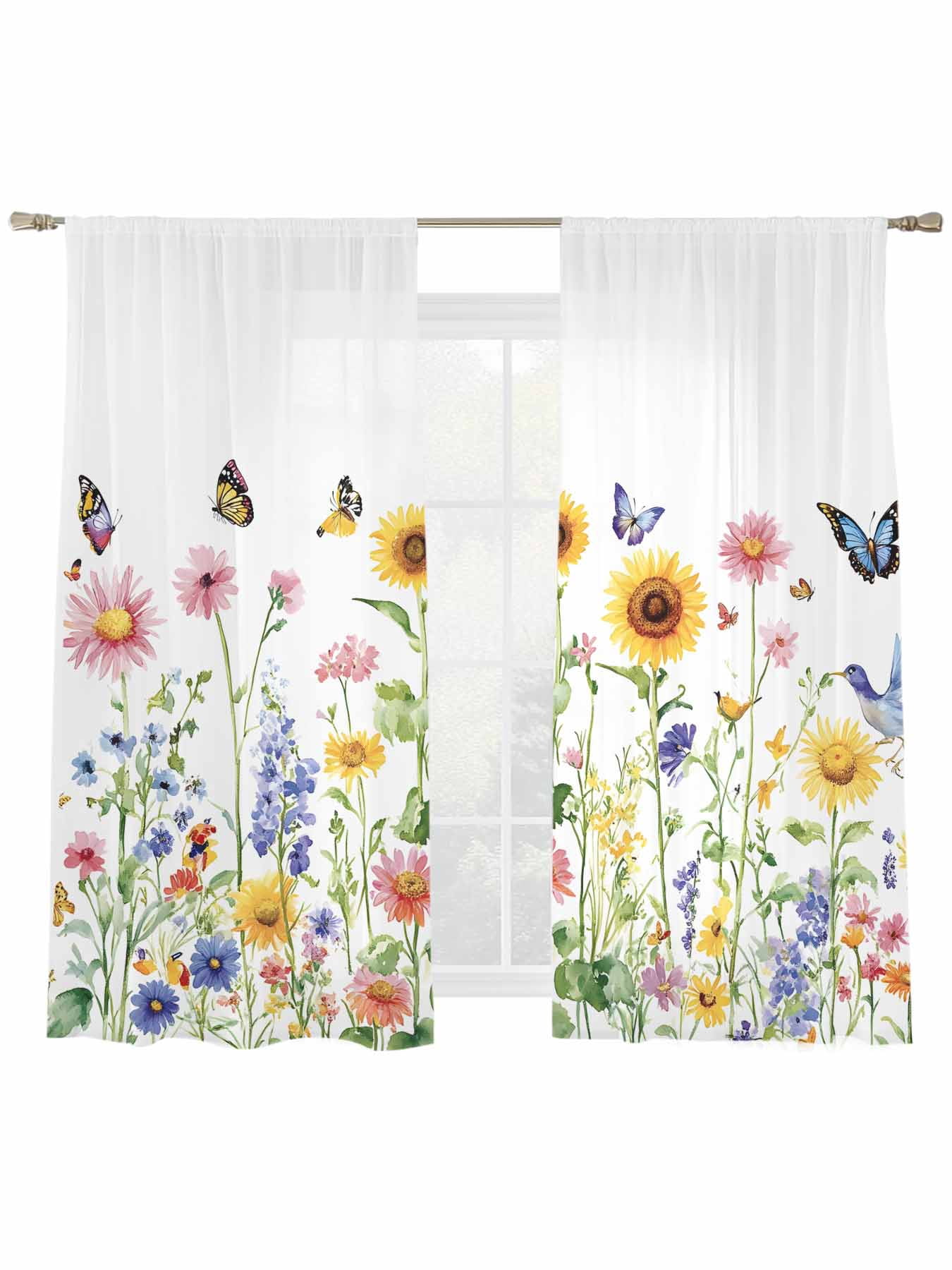 Retro Floral Sheer Curtains 2 Panels Set Field Pastoral Sunflower Daisy ...