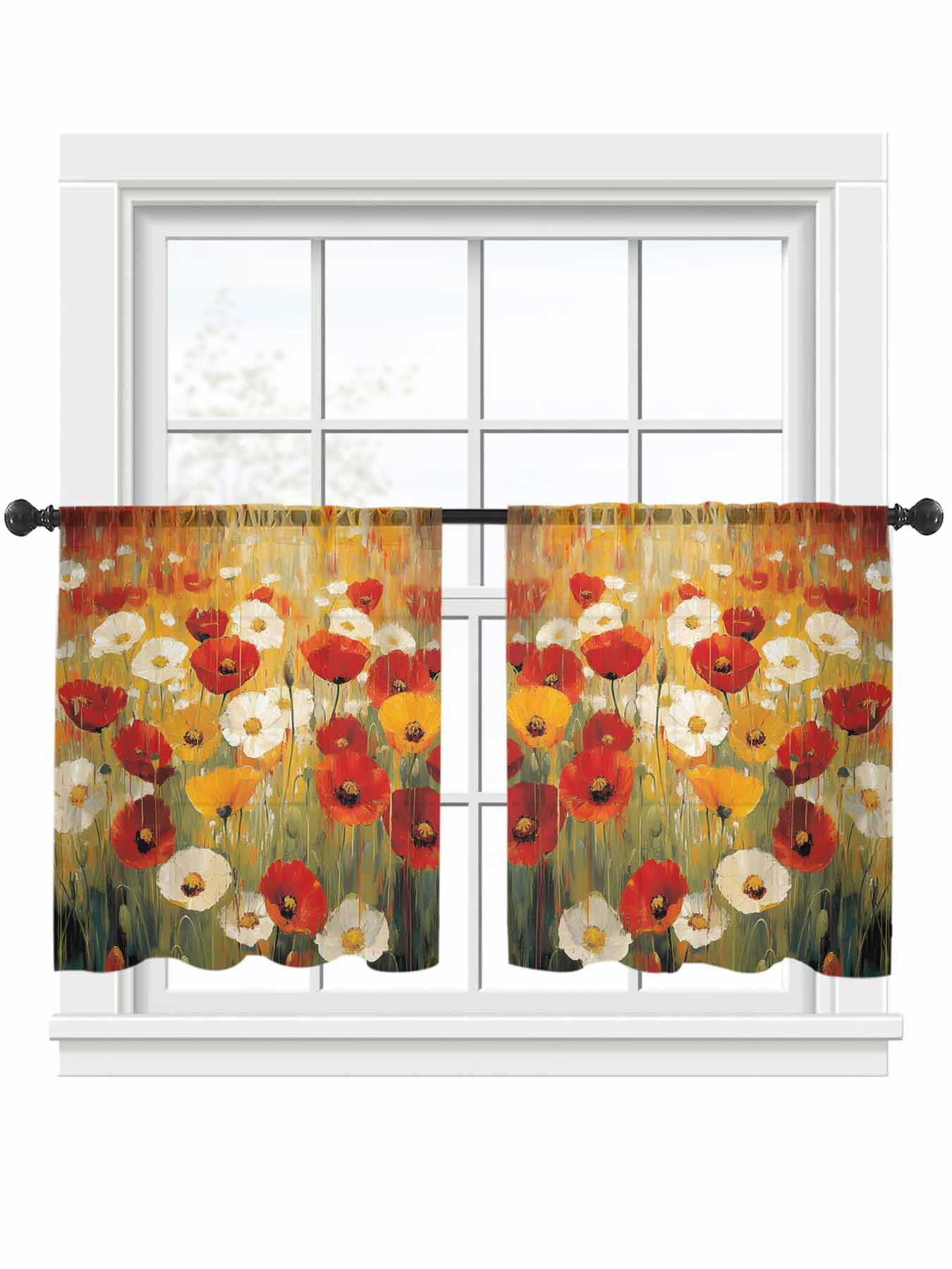 Retro Floral Sheer Curtains 2 Panels Set Red White Yellow Poppy Flowers ...