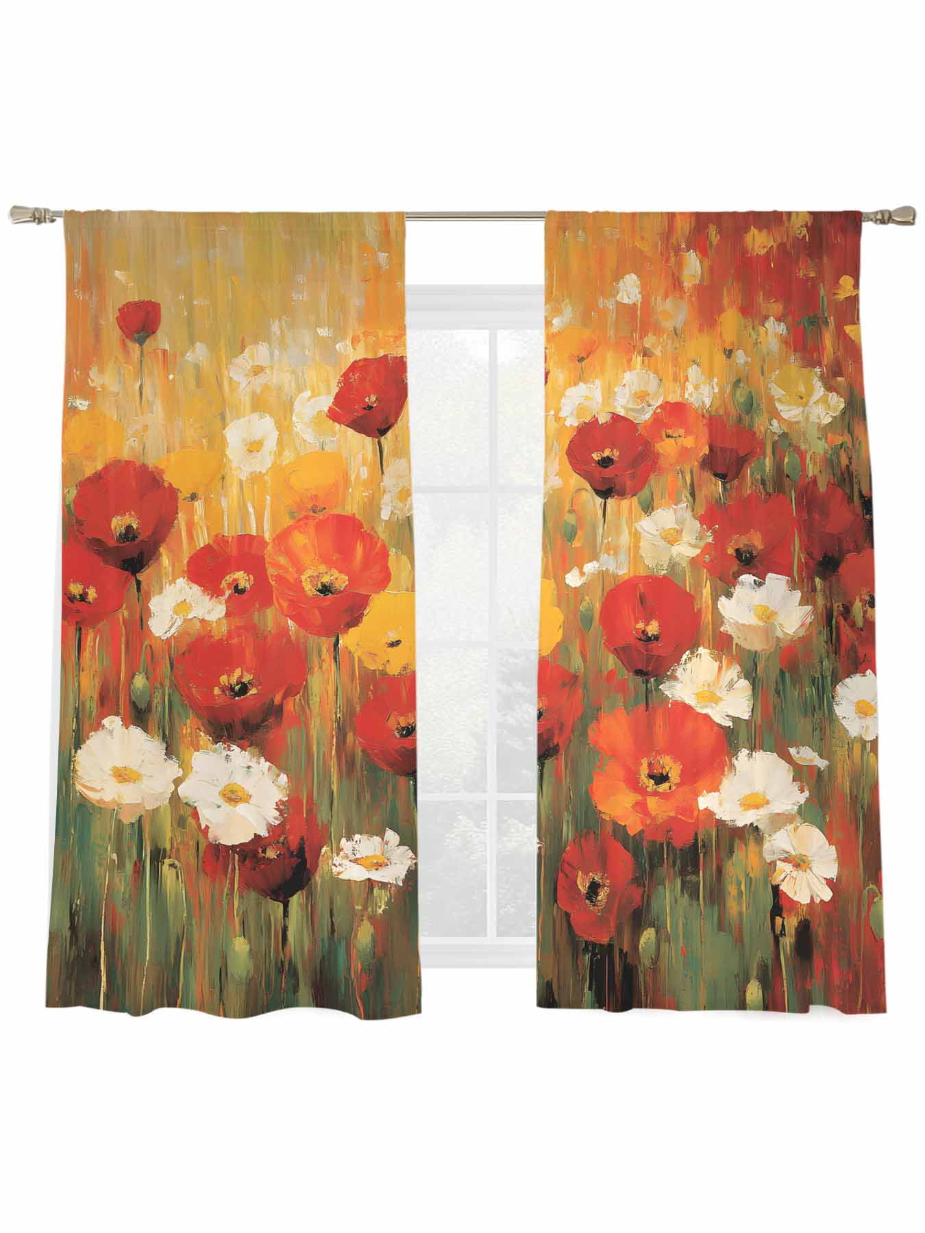 Retro Floral Sheer Curtains for Living Room Bedroom, Red White Poppy ...