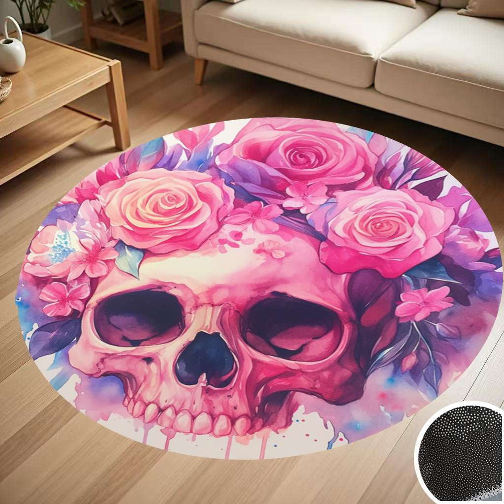 Retro Floral Skull Watercolor Round Carpet Living Room Bedroom Home ...