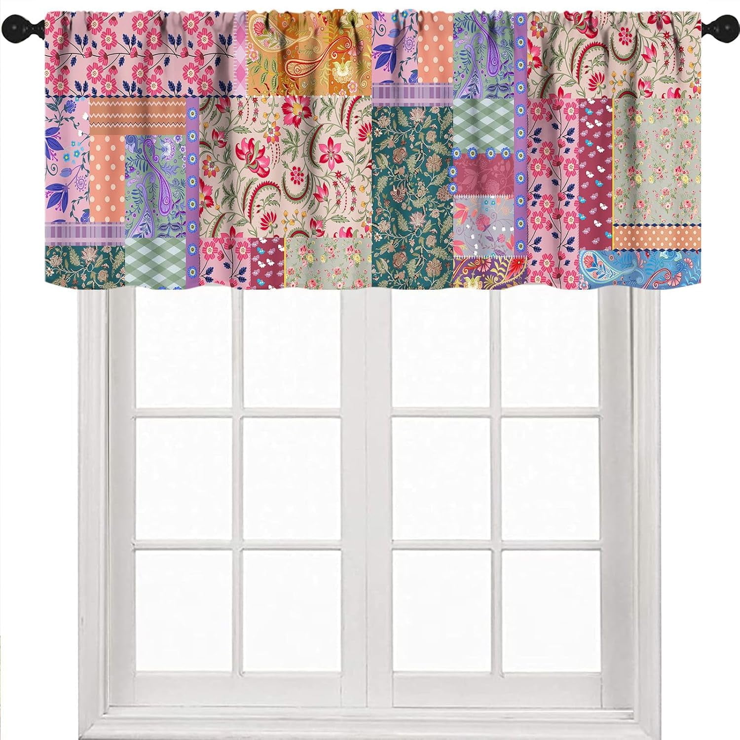 Retro Floral Valance,Boho Patchwork Flowers Country Herbs Wildflowers ...