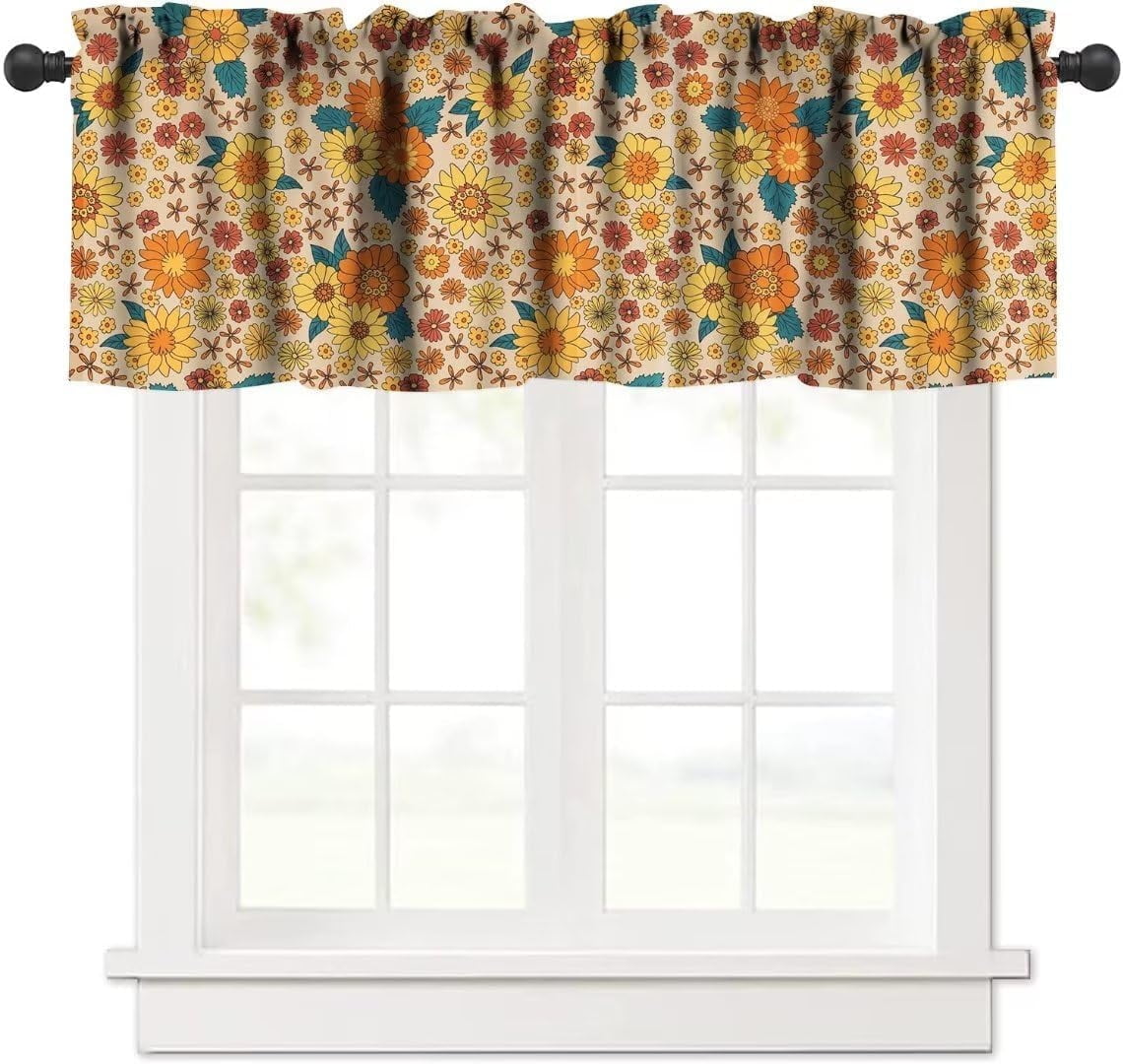 Retro Floral Valance, Rustic Farmhouse Style 1970s Hippie Flower Print ...