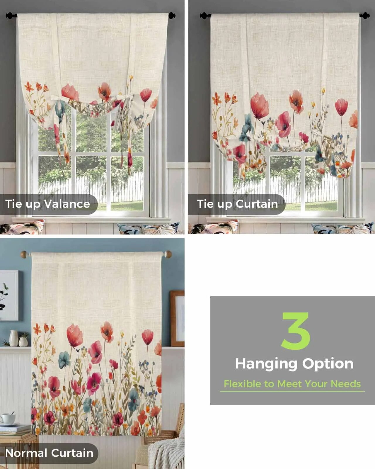 Retro Floral Wildflowers Window Curtain Tie Up Curtains for Kitchen ...