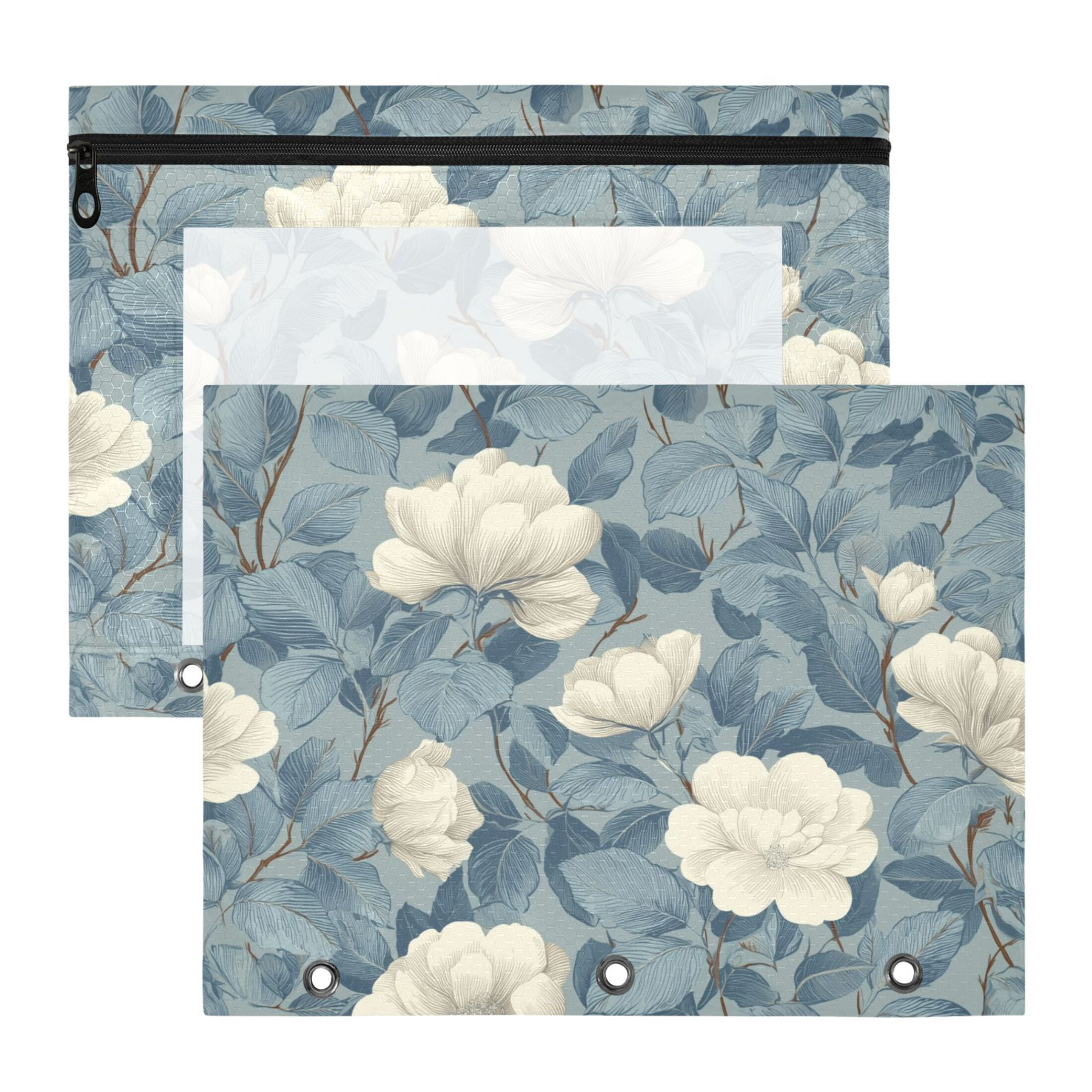 Retro Florals in White with Blue Leaves 3-Ring Binder Pocket with ...