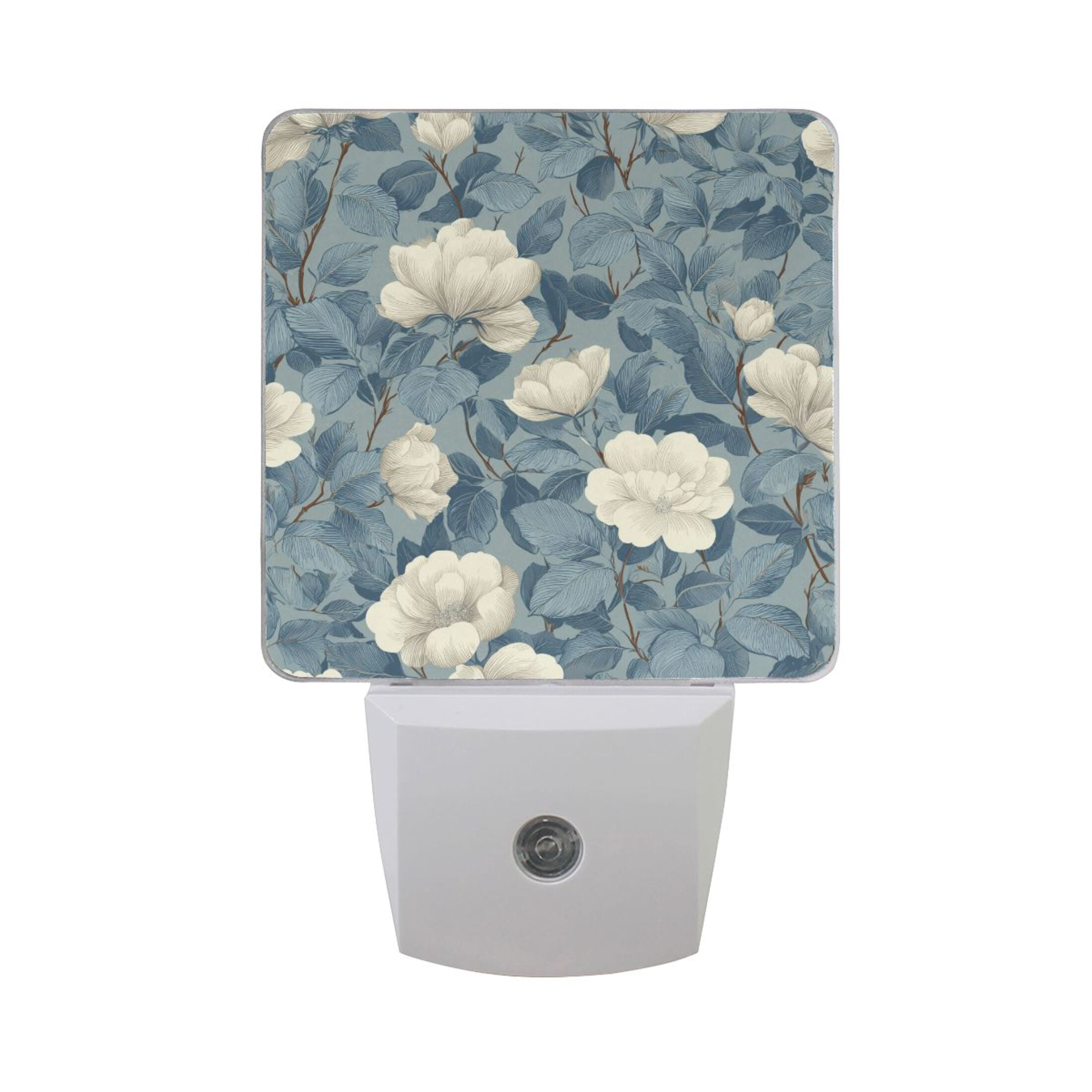 Retro Florals in White with Blue Leaves LED Night Light Sensor Lamp ...