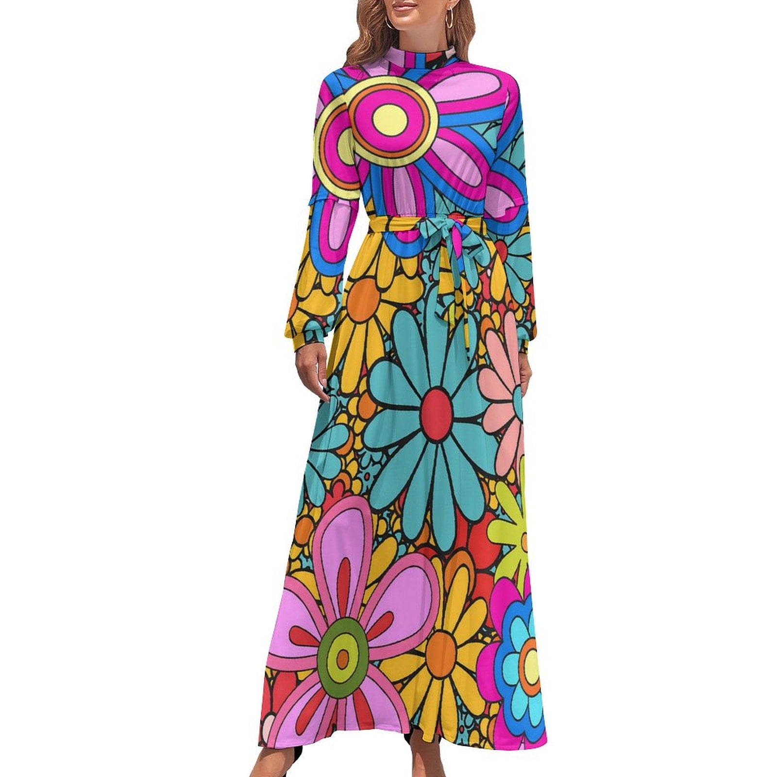 Retro Flower 60s Dress Colorful Floral Casual Beach Dresses Women Long ...