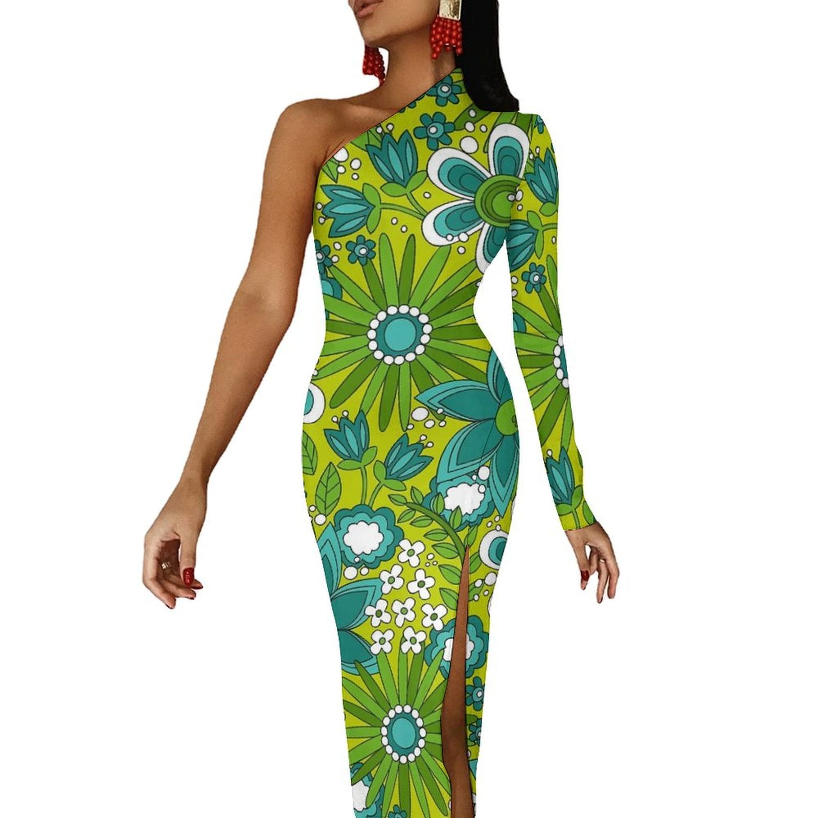 Retro Flower 60s Maxi Dress Long Sleeve Colorful Floral Street Wear ...