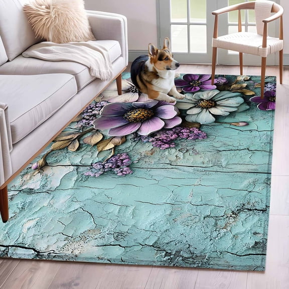 Daisy Area Rug 3x5 Washable Rug Non Slip Spring Floral Grey Plaid ...