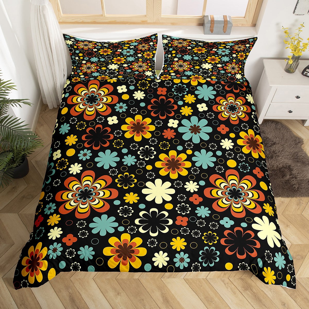 Retro Flower Bedding Set Full,Funky 1960S 1970S Swirls Floral Duvet ...