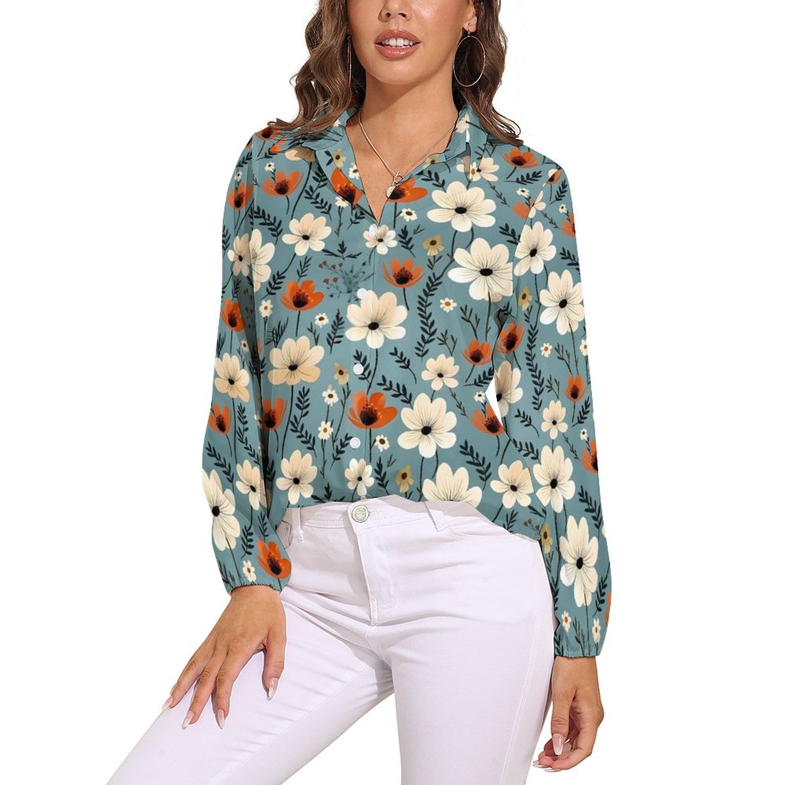 Retro Flower Blouse Ditsy Floral Print Vintage Pattern Blouses Women ...