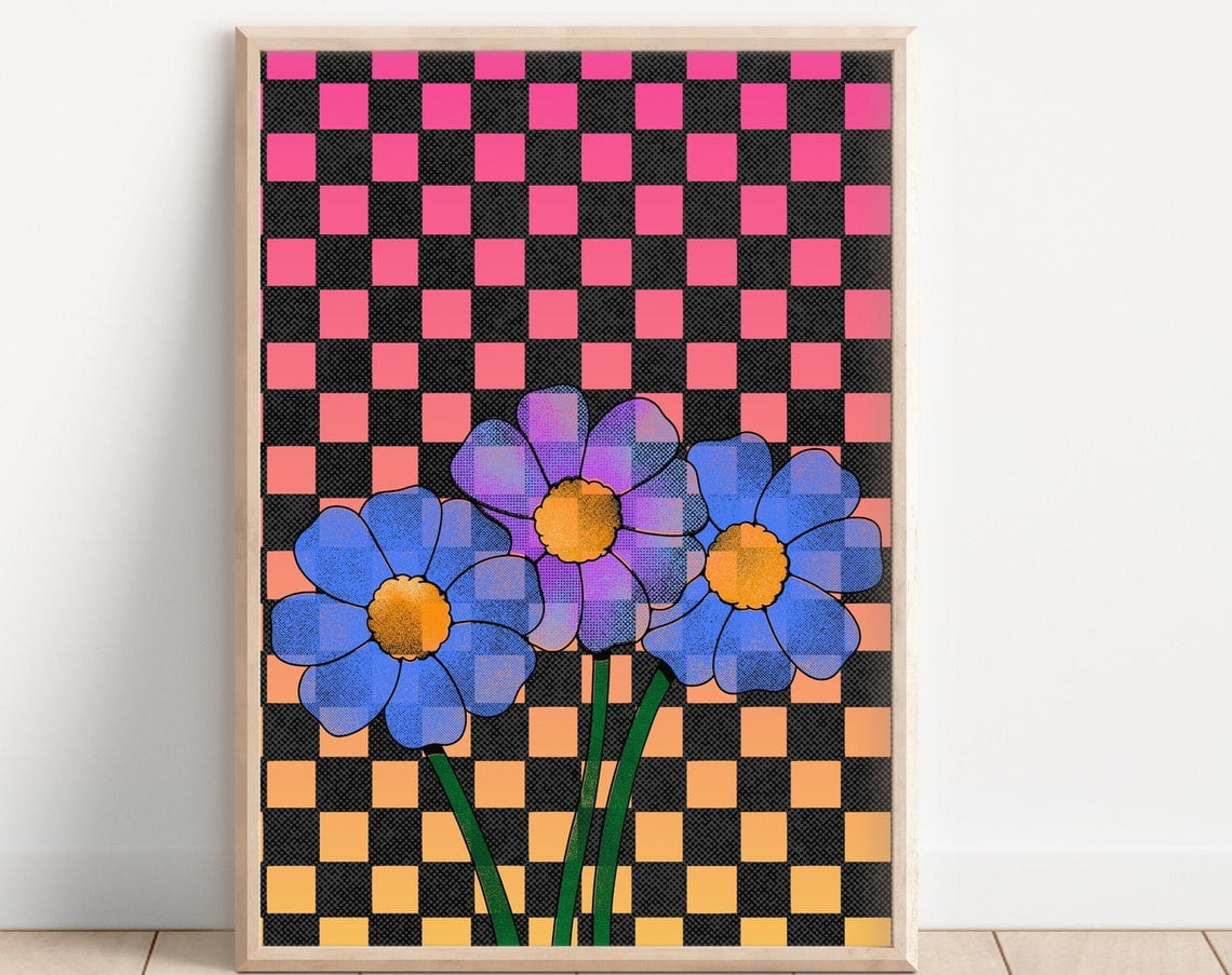Retro Flower Checkerboard Print - Psychedelic Flowers, Floral Print ...