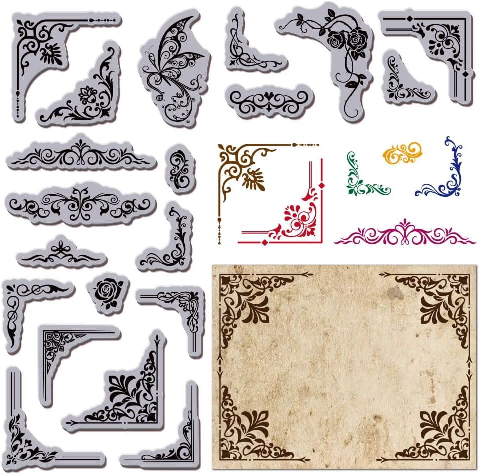 Retro Flower Corner Cling Rubber Stamp 8.7"x7" Vintage Butterfly Corner ...