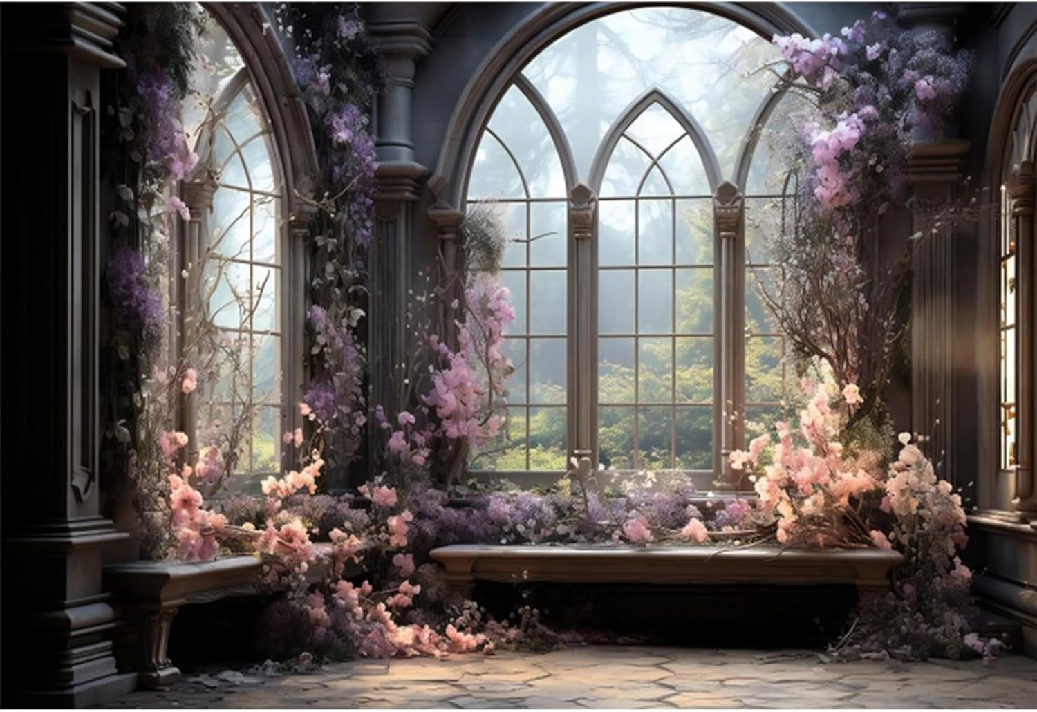 Retro Flower House Interior Backdrop French Garden Arched Glass Window ...