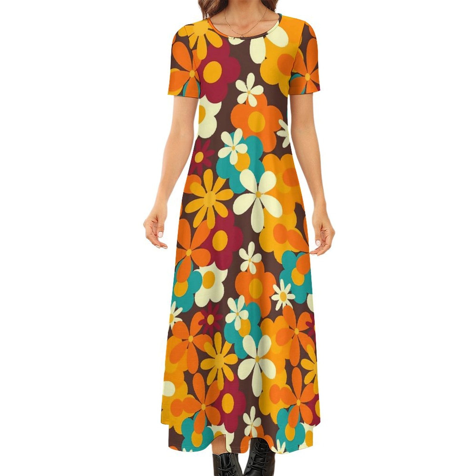 Retro Flower Power Dress Black and White Party Maxi Dress Short Sleeve ...