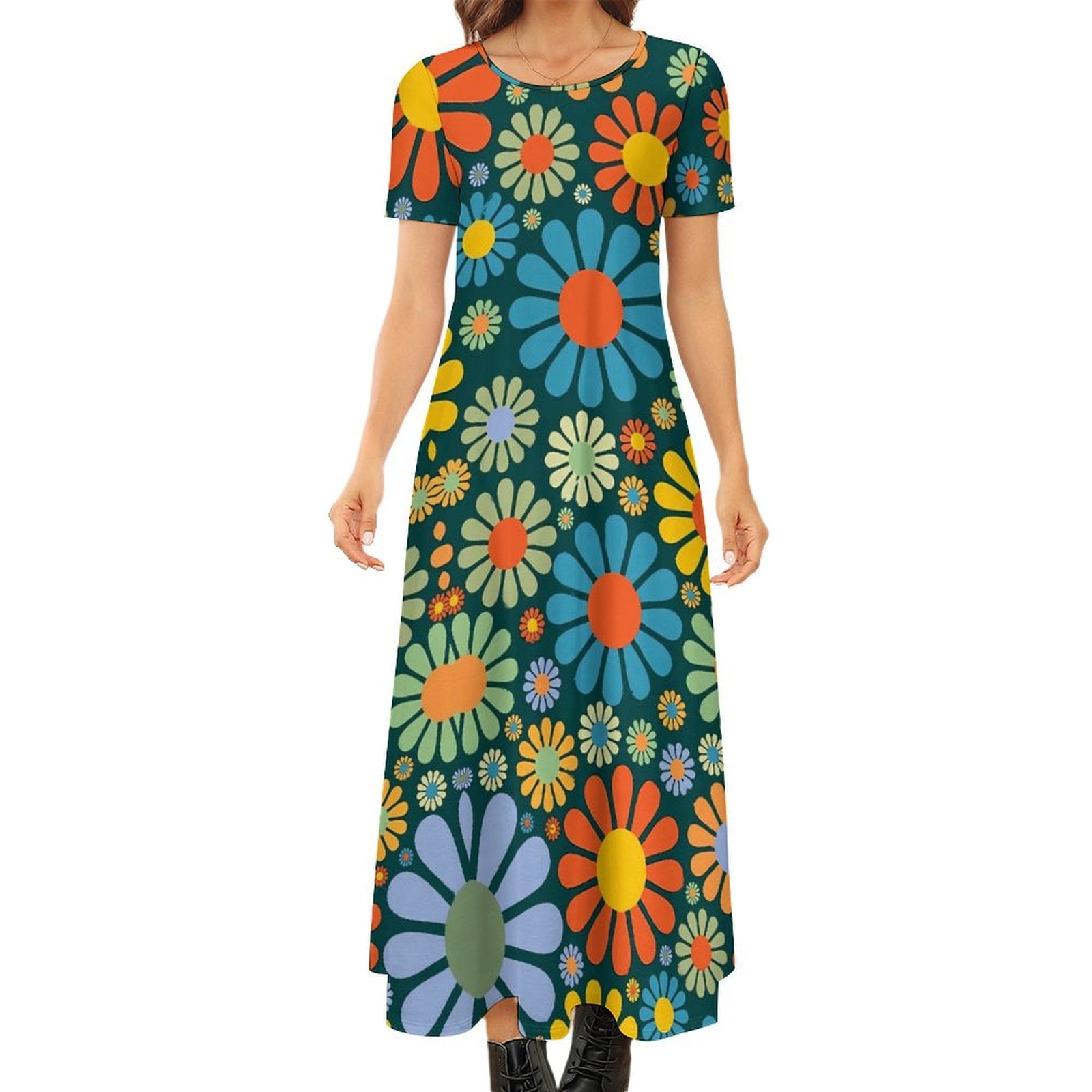 Retro Flower Power Dress Black and White Party Maxi Dress Short Sleeve ...