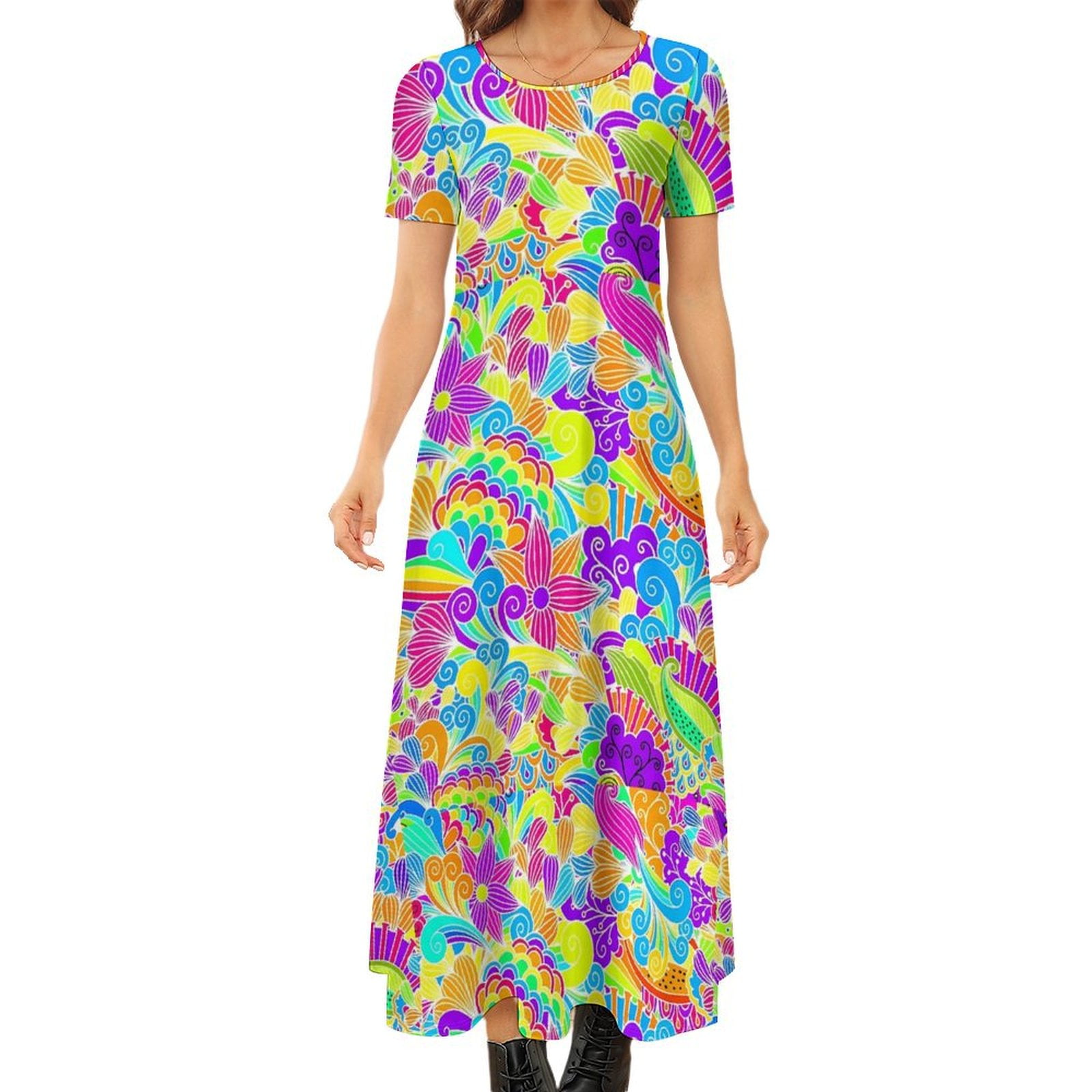 Retro Flower Power Dress Black and White Party Maxi Dress Short Sleeve ...