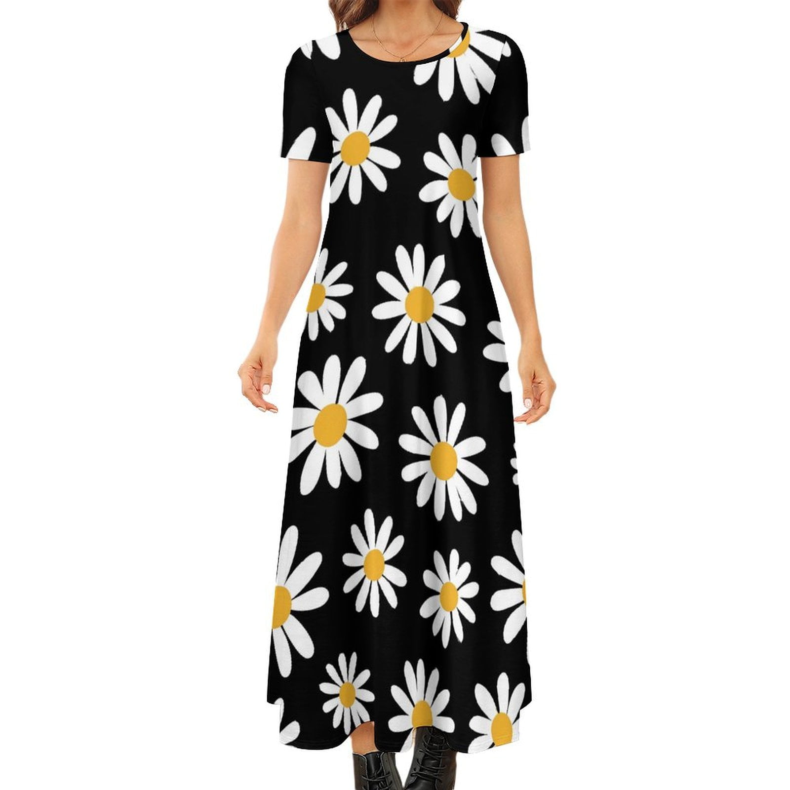Retro Flower Power Dress Black and White Party Maxi Dress Short Sleeve ...