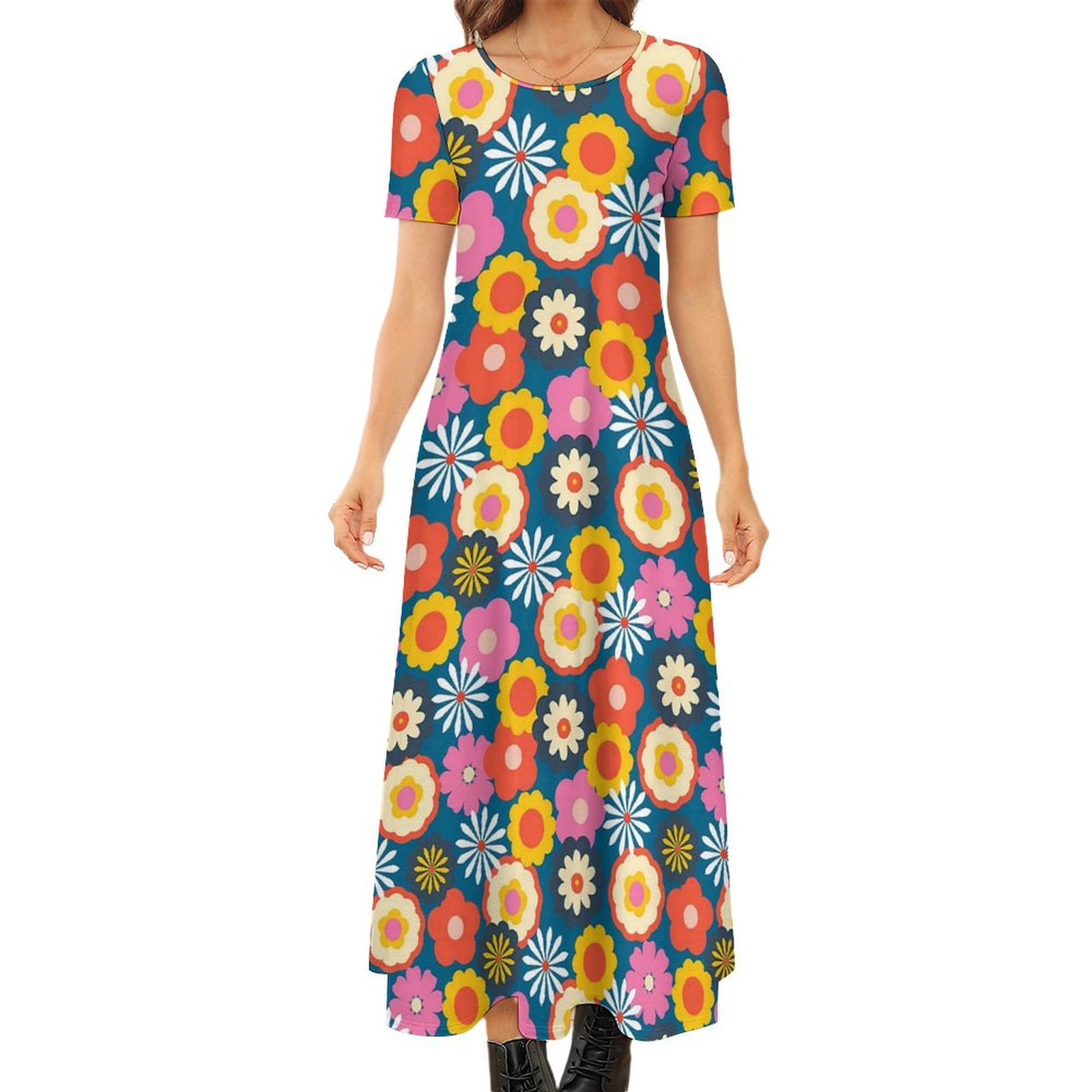 Retro Flower Power Dress Black and White Party Maxi Dress Short Sleeve ...