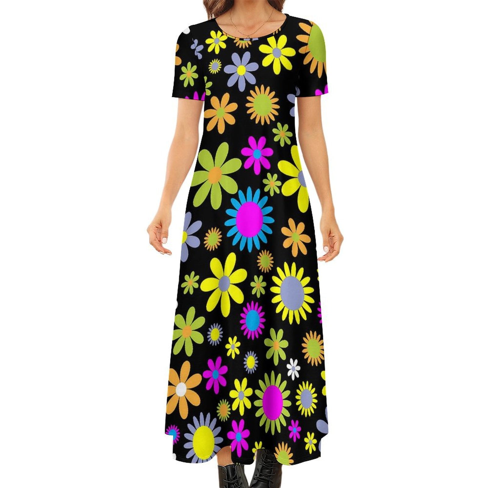 Retro Flower Power Dress Black and White Party Maxi Dress Short Sleeve ...