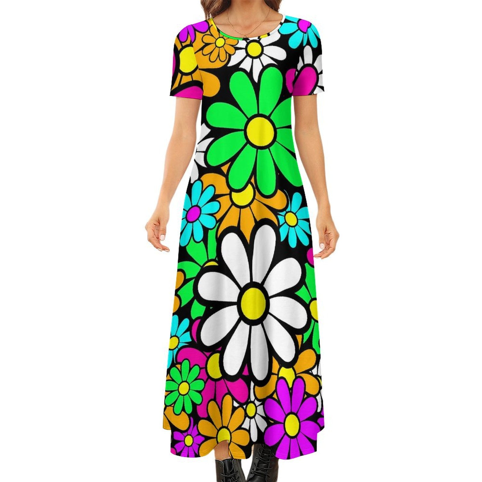 Retro Flower Power Dress Black and White Party Maxi Dress Short Sleeve ...