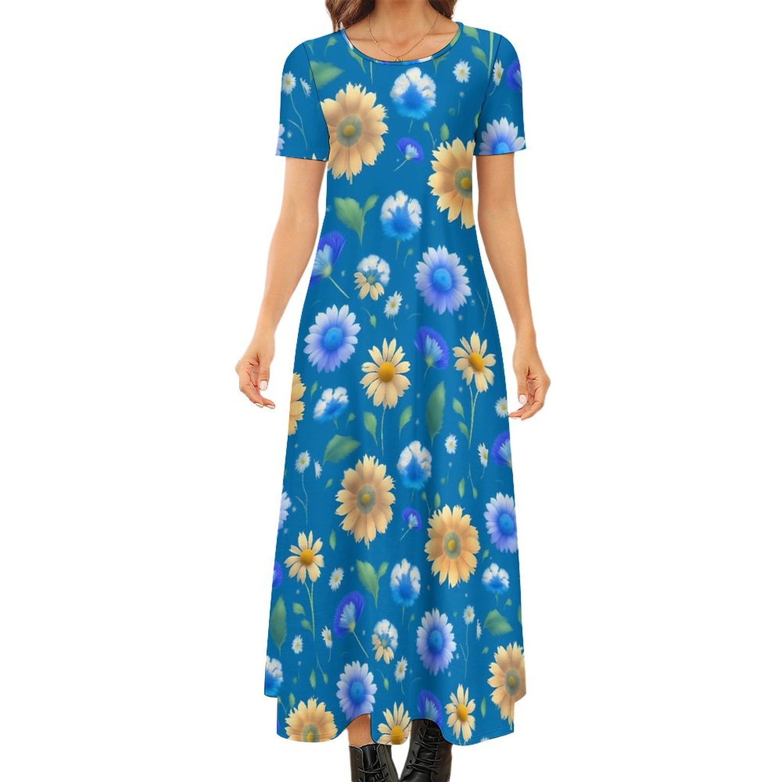 Retro Flower Power Dress Black and White Party Maxi Dress Short Sleeve ...