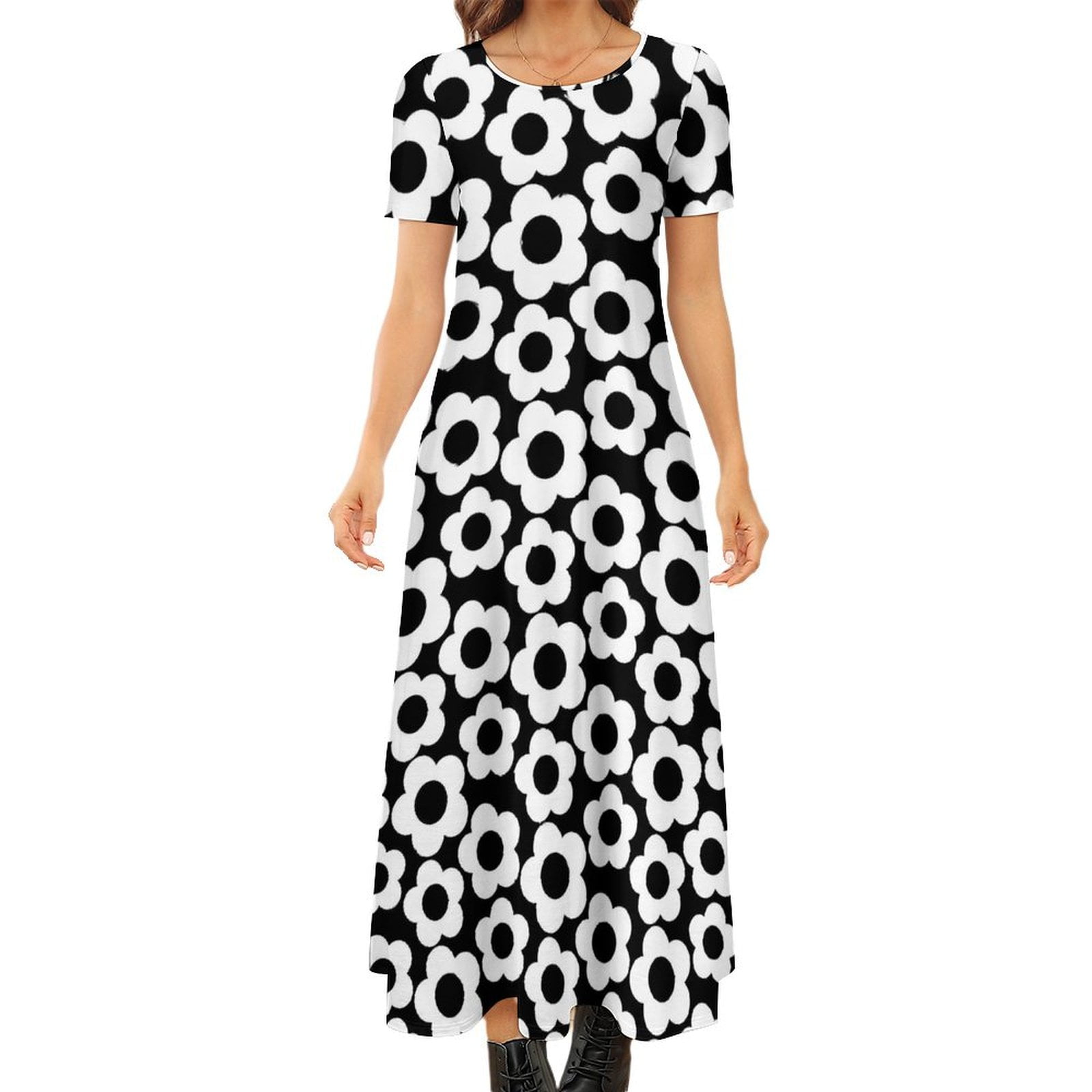 Retro Flower Power Dress Daisies Print Party Maxi Dress Short Sleeve ...