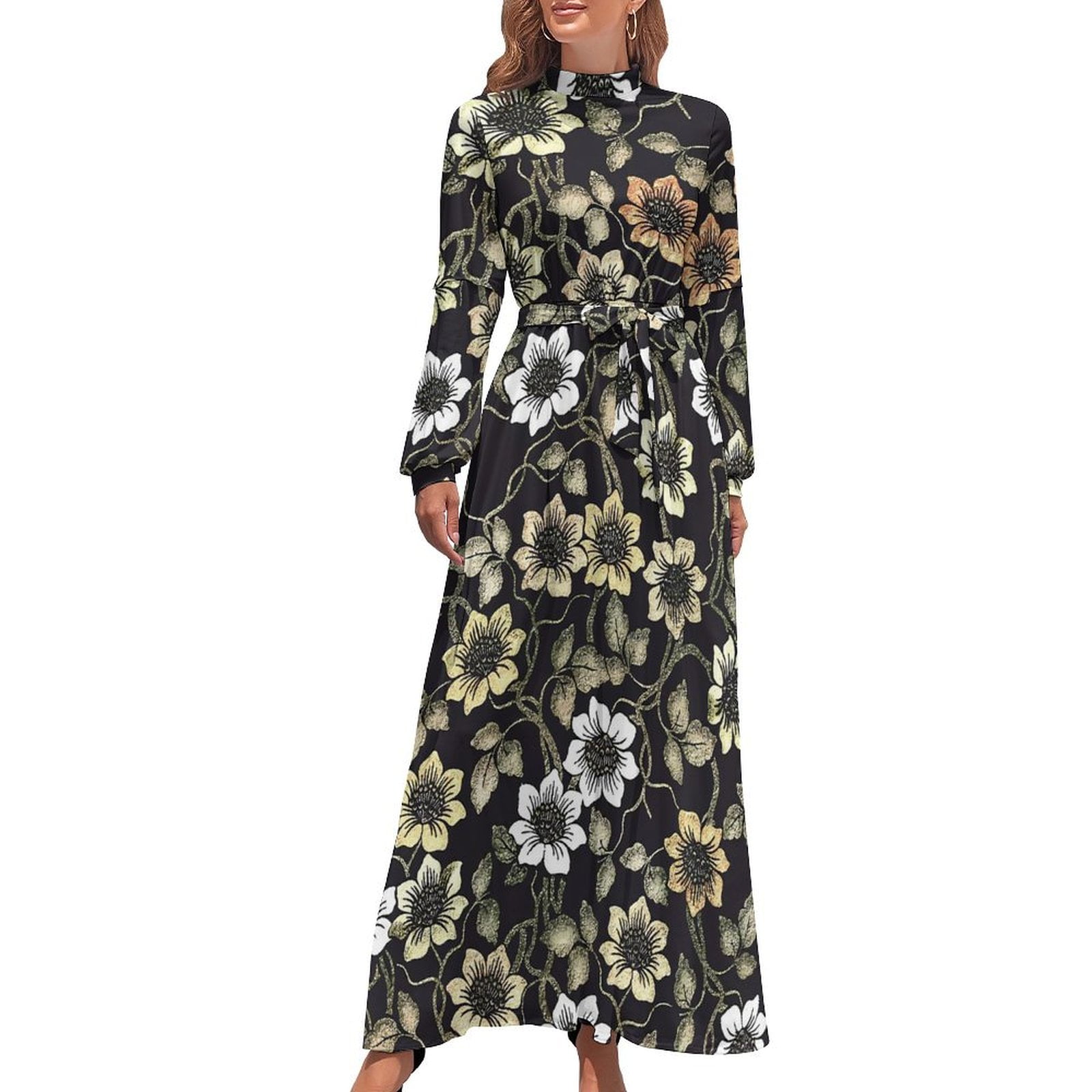 Retro Flower Power Dress High Waist Black and White Graphic Bohemia ...