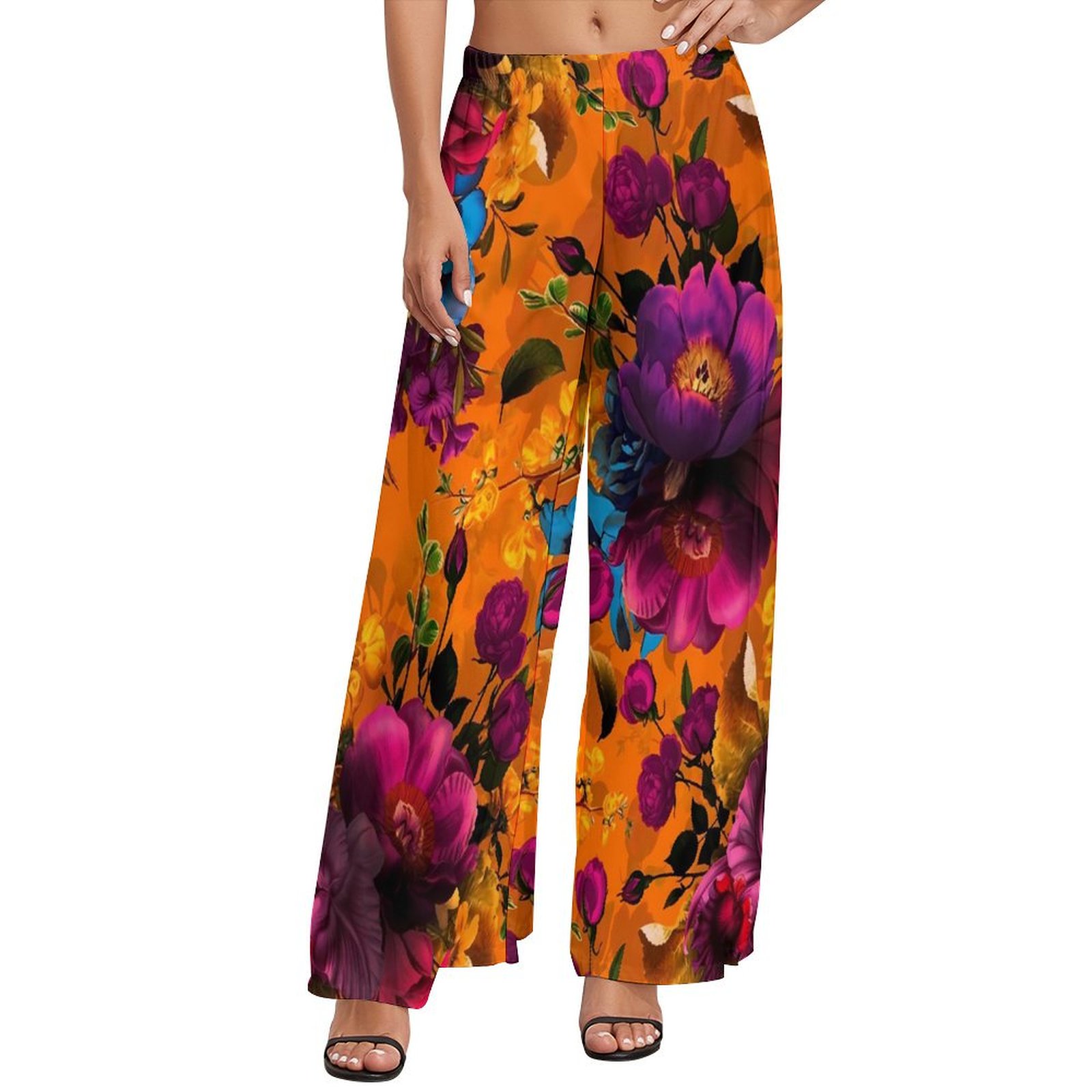 Retro Flower Power Pants Female Black and White Beach Trousers Elastic ...