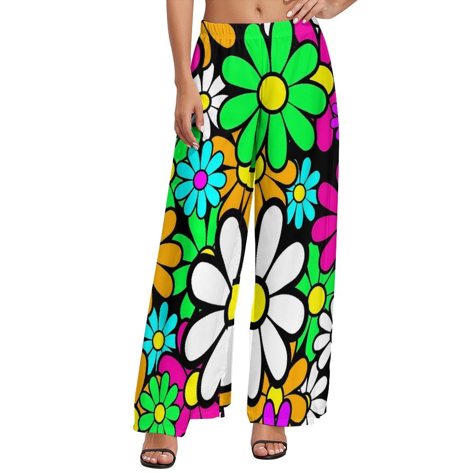 Retro Flower Power Pants Female Black and White Beach Trousers Elastic ...