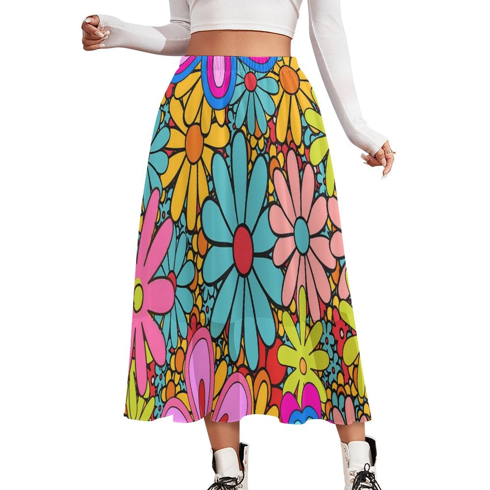 Retro Flower Power Skirt Happy Daisies Retro Long Skirts Spring Street Wear High Waist Chiffon ...